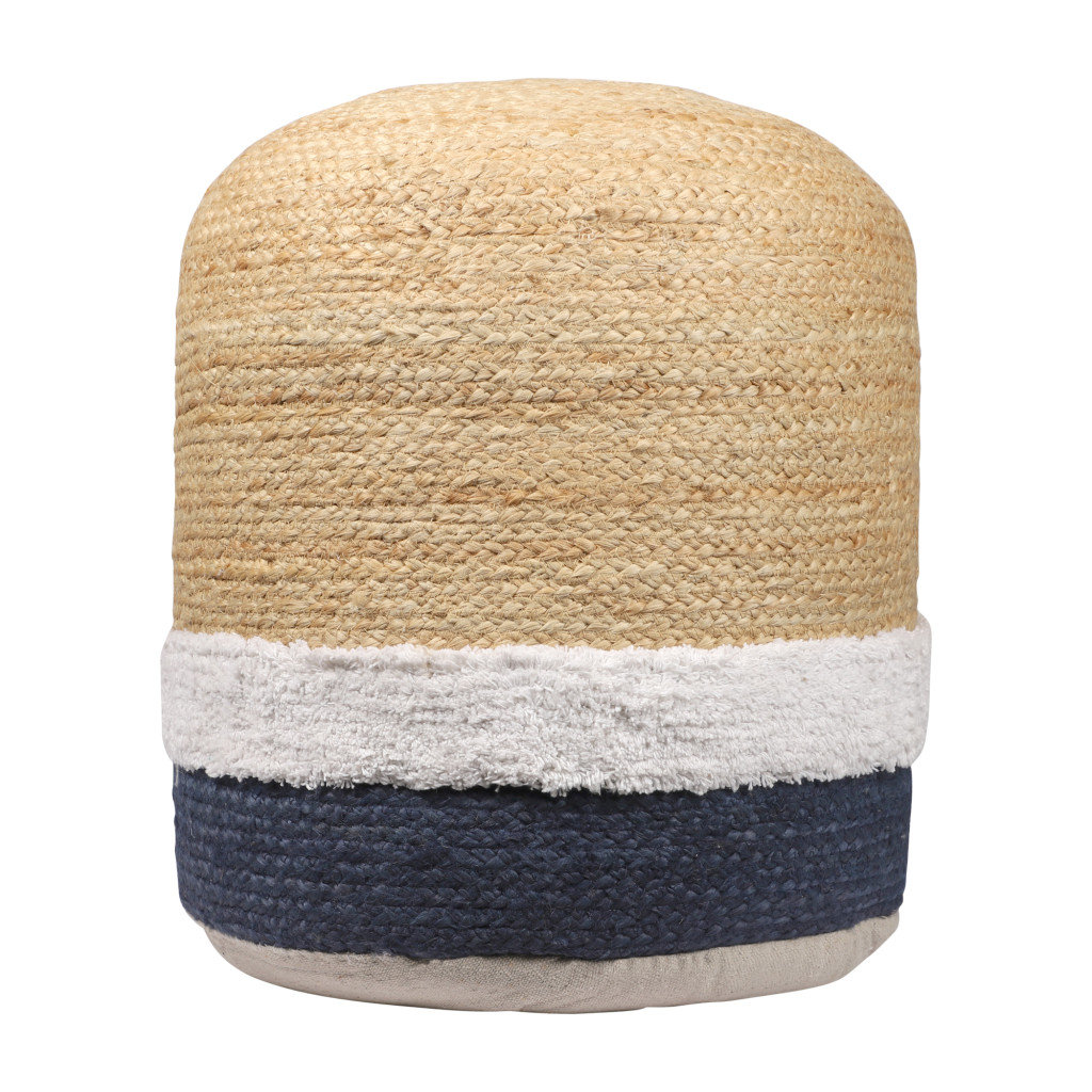 HomeRoots 18" Natural And Navy Blue Jute Blend Cylinder Striped Pouf Ottoman | Wayfair